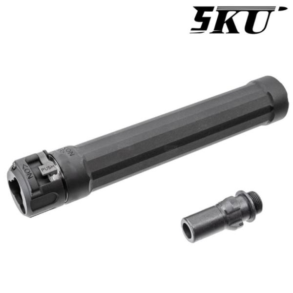 ・メーカー：5KU・材質：アルミ合金 (フラッシュハイダーはスチール)        ・重量：約260g・サイズ（サプレッサー）：全長190mm・対応本体：CYMA等のスタンダードMP5電動ガン※取付に際して、ご自身で調整・加工が必要な場合...