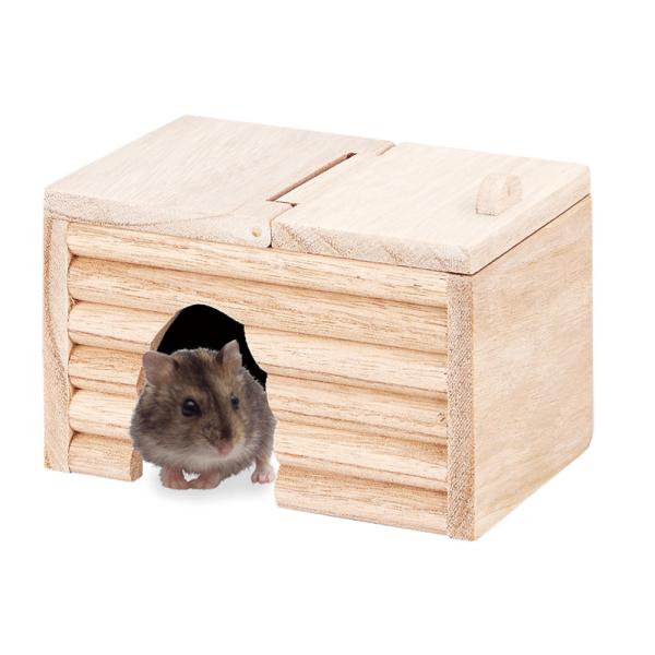 中の様子がのぞける開閉可能な屋根付きハウスです。ジャンガリアンハムスターのサイズに適した、金属不使用の安心設計。天然木使用なので、かじっても安心です。組み立てサイズ: 120x80x85mm対象動物: ジャンガリアンハムスター