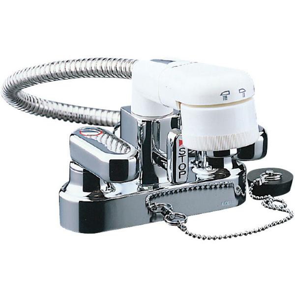 簡易洗髪シャワー混合水栓SF-25D一般地仕様ゴム栓式ヘアキャッチャー用目皿付逆止弁呼び径13mm水栓取付穴Φ30±2（2ケ）吐水口長さ94mm一時止水付■洗面器L-176UEC、L-2160ECには組合せができません。■ポップアップ式は取...