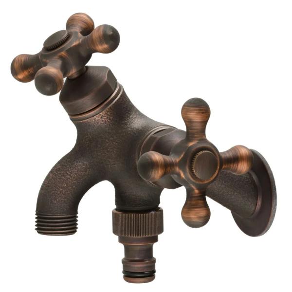 T14型二口横水栓●色：ブロンズ日光や風雨に強く、年月が経っても変化しにくい耐候性があります。●材質：［本体］青銅［ハンドル］黄銅●固定こま●「ワンタッチニップル」を一つ付属しています。※写真はイメージ画像となります。詳細はメーカーホームペ...