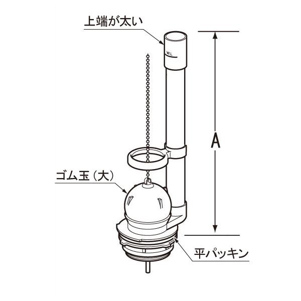 フロート弁A寸法：302mm【対応タンク仕様】袋ナットなし（密結ロータンク用）標準式、弁座下パッキン形状：平【フロート弁仕様】ドラムなし、フロートカップ（W節水）なし（オーバーフロー管高さA：302mm）ゴム玉：大（65φ）、ネジ外径：Φ6...