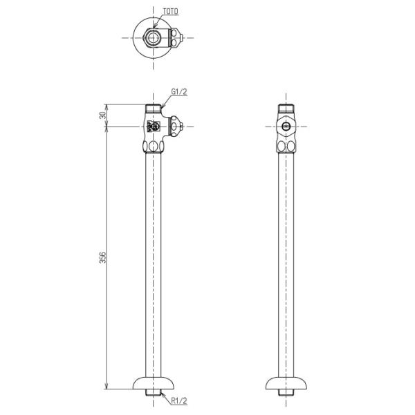 ストレート形止水栓（ドライバー式）●床給水●連結管なし【寸法】A=30,C=356