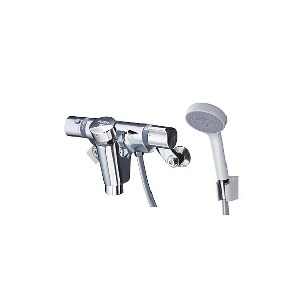 オートストップシャワー金具（自閉式）■一般地仕様■吐水口側オートストップ■高温出湯規制■脚カバー■逆止弁■洗い場専用■スパウト固定■本体・ホース接続ねじG1/2シャワーヘッド：コンフォートウエーブ径：φ90ホース：樹脂（シルバー）ハンガー：...