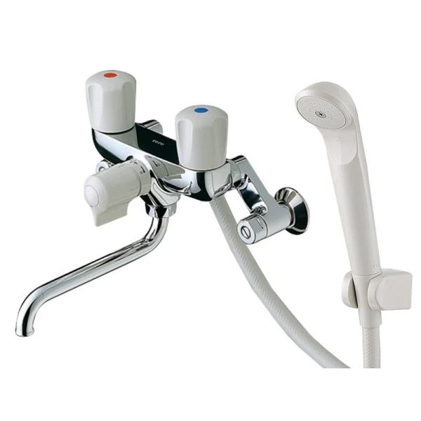 壁付2ハンドル混合水栓（一時止水ありタイプ・スプレー（節水））■一般地仕様ノンライジング一時止水逆止弁本体・ホース接続ねじW24・山20スパウト170mm樹脂ホース（ホワイトグレー）※写真はイメージ画像となります。詳細はメーカーホームページ...