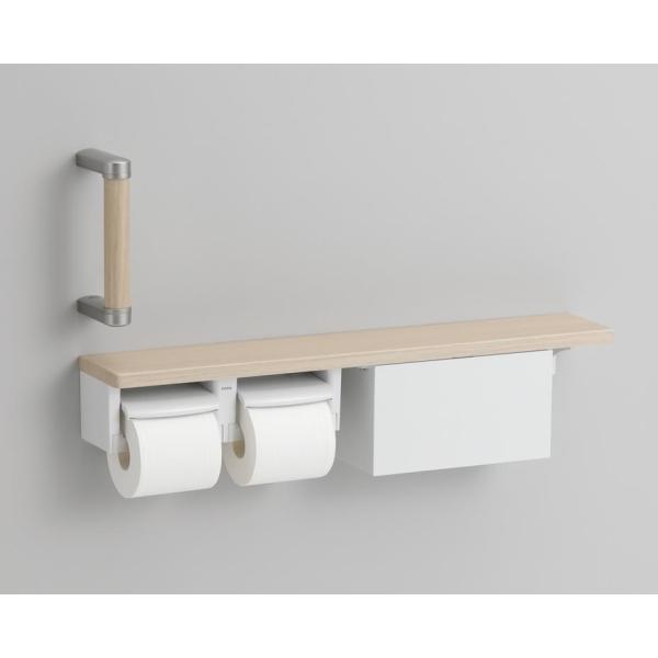 ハンドグリップ紙巻器一体型　棚別体タイプ（収納付）YHB203 + YHB63NBR左右兼用【寸法】手すり：36×103×210、φ32棚付二連紙巻器：700×120×164【材質】グリップ：天然木+PETシート製棚：木質（MDF）+PET...