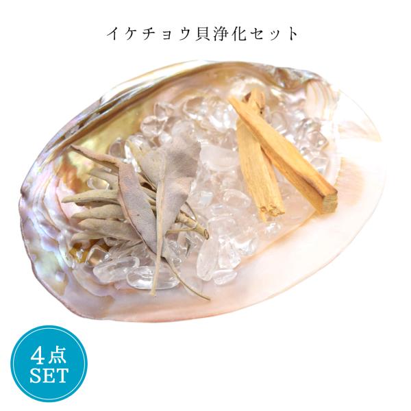 ■商品内容 イケチョウ貝（1個）、水晶チップ（100ｇ）、ホワイトセージ（15ｇ）、パロサント（2スティック：約5ｇ）のセットです。天然石・ブレスレットなどの浄化やインテリアとして気になるところの空間の浄化にもお使いいただけます。