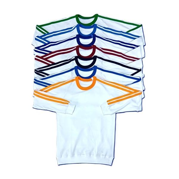 自社製品　2本線白長袖体操服ブルー、花紺、エンジ、濃紺、オレンジ　白生地素材　綿60％・ポリエステル40％ローレルグリーン、青　白生地素材　綿75％・ポリエステル25％限定商品　交換、返品できません。無くなり次第終了となります。画像と実際の...