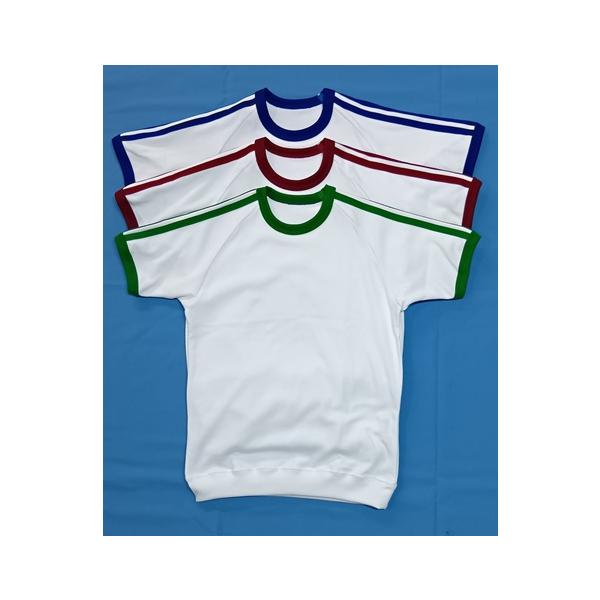 自社製品　2本線白半袖体操服白生地　綿75％・ポリエステル25％　花紺、エンジ、ローレルグリーン限定商品　交換返品できません。無くなり次第終了となります。再補充しません。画像と実際の商品多少色がことなります。