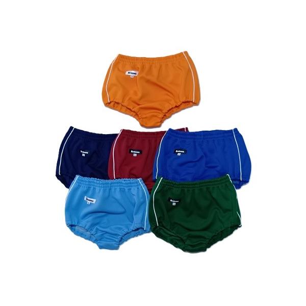 自社製品　新商品　白パイピング入りブルマ　タイプIIサイド2cm程短くしてます。内ポケット付き、ウエスト３本ゴム使用オレンジ、瑠璃色、水色、　表ポリエステル100％・裏ポリエステル50％・綿50％グリーン、ニコチールレッド、紺　ポリエステル...