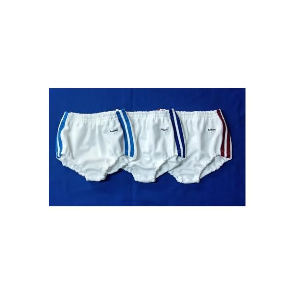 新商品　2本線白ブルマ　タイプII白生地　表ポリエステル100％、裏ポリエステル50％・綿50％　　内ポケット付き、ウエスト３本ゴム使用ラインカラー　ブルー、花紺、エンジ画像と実際の商品多少色がことなります。限定商品につき交換返品できません...