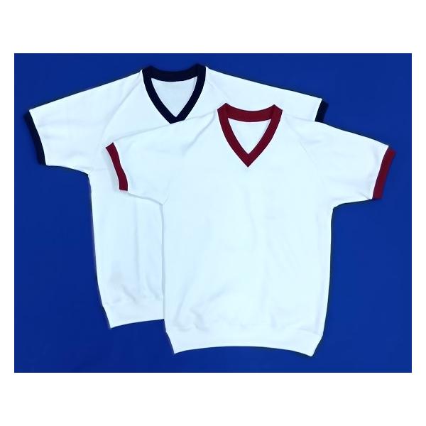 自社製品　V半袖　エンジ、紺素材　白生地　綿75％・ポリエステル25％、　裾白フライス　ポリエステル100％、首回り、袖口　フライス　ポリエステル100％画像と実際の商品多少色が異なります。