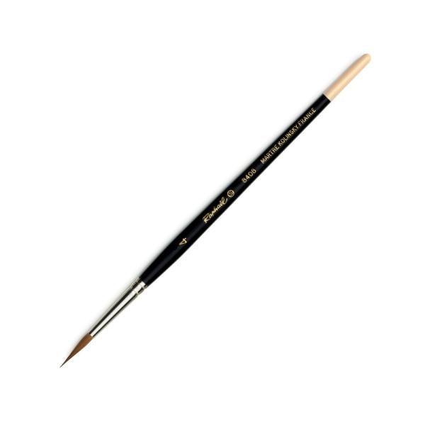 毛質：コリンスキー形状：丸（極細） サイズ：4号　　　　　口金の直径 4mm　　　　毛丈 19mm　特徴：ハンドルの先端がベージュ丸、極細　穂先のもどり（反発力）が良く、迅速で正確な作業に最適備考：敏速で正確な作業が可能な水彩筆。反応が良い...