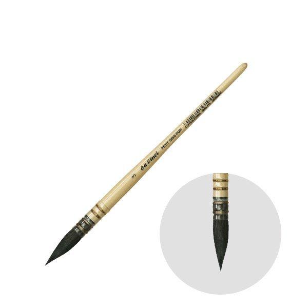 ロシアンブルーリスをプラスチックの羽菅で仕立てた水彩筆です。水含みが抜群で、ウォッシュ技法に最適。毛先が利いて細密描写も可能です。＜仕様＞穂先の形状：ラウンド(丸)毛の種類：リス毛号数：No.3穂丈×巾：31.0×9.6mm＜用途＞水彩画