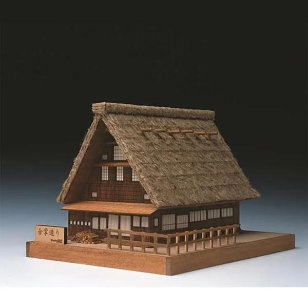 製品名：ミニ建築 No.1　合掌造り完成サイズ：全幅：150mm、奥行：120mm、全高：102mm製作参考時間：8時間難易度：★☆☆☆☆　1木製部品　19種材質：ヒノキ・アガチス・マホガニー等の天然木、他付属品：カラー組立説明書、麻ひも、...