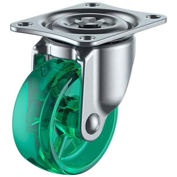 特徴樹脂一体成型です。耐食性、耐摩耗性に優れます。緑色の半透明の外観が特徴です。仕様G型 自在車プレート式シングルベアリング車輪材質：ポリカーボネート(緑)金具：三価ユニクロ仕上車輪径D(mm)：38許容荷重(daN／kgf)：28(28....