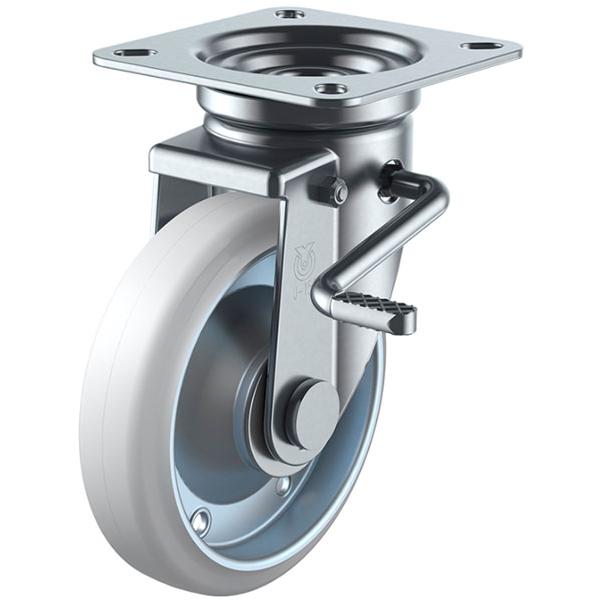 特徴主に重量物運搬台車、その他一般産業用に数多く使用されています。取付部の旋回及び車輪の回転をロックする事が出来るダブルストッパー付です。一般的に広く使用されている車輪で弾性があり、凹凸のある路面でも走行性に優れ、ウレタン車輪より安価です。...