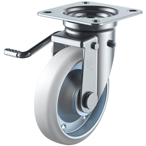 特徴主に重量物運搬台車、その他一般産業用に数多く使用されています。取付部の旋回及び車輪の回転をロックする事が出来るダブルストッパー付です。一般的に広く使用されている車輪で弾性があり、凹凸のある路面でも走行性に優れ、ウレタン車輪より安価です。...