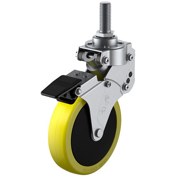 特徴内蔵されたユーエイダンパーが走行時の衝撃を吸収すると共に騒音の発生を防止します。高い耐荷重性を持ち、走行による摩耗が起こりにくい耐久力のある車輪です。またガソリン類、一般的な機械油など、油分に対しても強くなっています。ホイル部は樹脂製で...