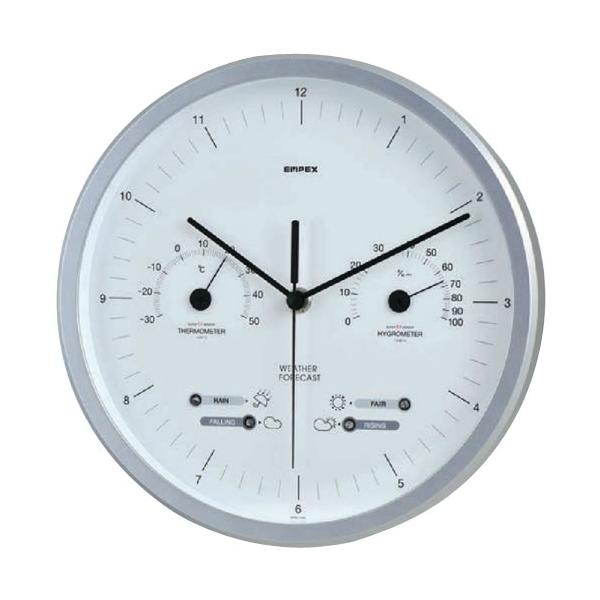 特徴LEDランプが明日の天気をキャッチ照る日、曇る日、生活リズムを刻みます。音の静かななめらか秒針。仕様シャインシルバーの塗装枠天気予測・温度計・湿度計・時計(掛け型)本体サイズ：直径約265×50mm質量(箱含む)：約800g(ギフトボッ...