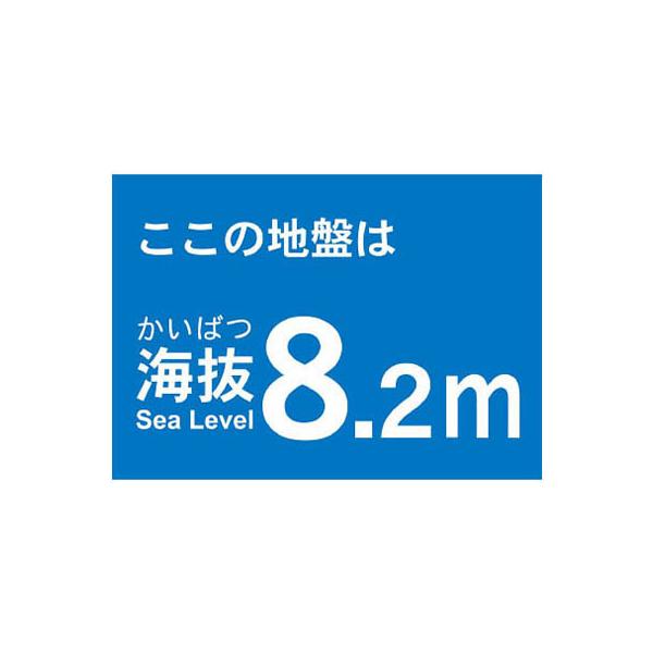特徴屋内外使用可能です。仕様取付方法：貼付タイプ縦×横：120×170mm取付仕様：粘着シール表示内容：ここの地盤は海抜8.2m質量(g)：17材質・仕上げ塩化ビニール(PVC)注意事項貼り付ける面のゴミ・油等を拭きとってください。生産国 日本
