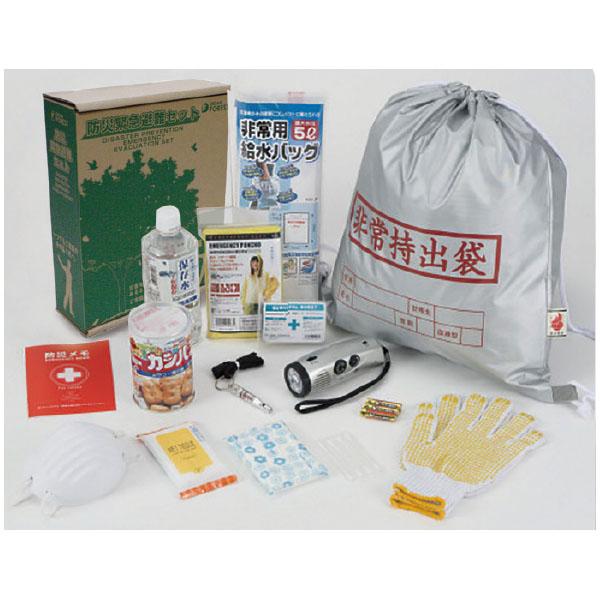 仕様セット内容：非常持出袋(日本防災協会認定品)、LEDラジオライト(単四電池3本付)、綿棒4本・ポケットティッシュ、保存飲料水(500ml)、すベリ止め付軍手、缶入カンバン(100g)×2、ポンチョ、非常用給水バッグ5L、ダストマスク、サ...