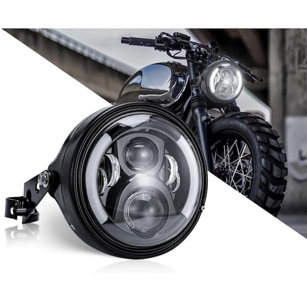 本商品はメーカー純正品ではなく、互換品です。7インチ汎用LEDヘッドライト（シェル付き1個）。Hi/Lo切替、イカリング、デイライト（DRL）、ウインカーを搭載した多機能モデルです。6000Kの白色LEDが前方を明るく照射し、夜間走行時の視...