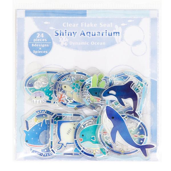 『Shiny Aquarium（シャイニーアクアリウム）』海の生き物がホログラム箔で煌めくクリアフレークシール。ステンドグラス風のデザインが可愛いシリーズです。剥がしやすい取っ手付き。手帳や夏のお便りのデコなどにぴったりです。マンボー/サメ...