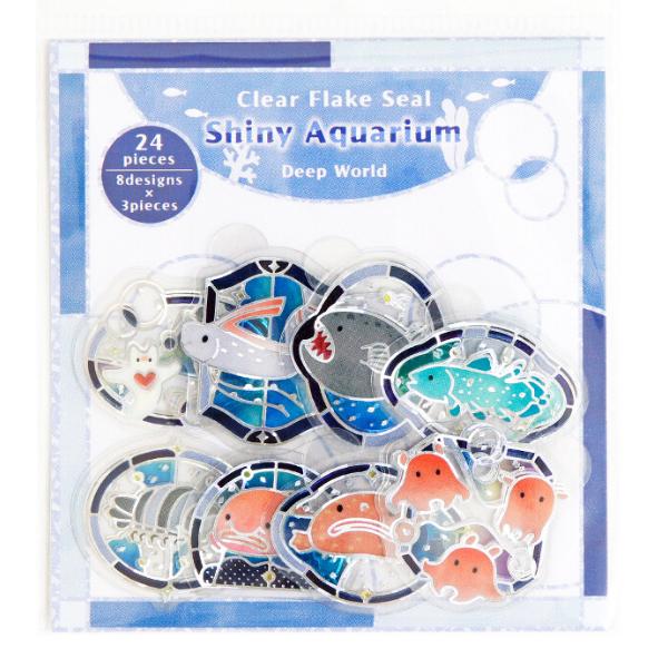 『Shiny Aquarium（シャイニーアクアリウム）』海の生き物がホログラム箔で煌めくクリアフレークシール。ステンドグラス風のデザインが可愛いシリーズです。剥がしやすい取っ手付き。手帳や夏のお便りのデコなどにぴったりです。クリオネ/メン...