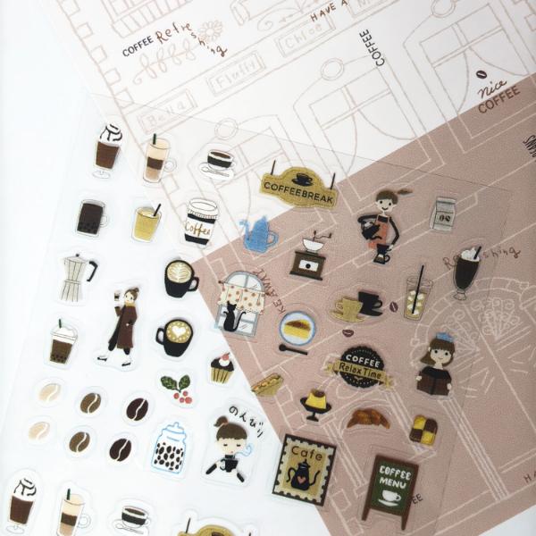 絵本作家のShinzi Katoh(シンジカトウ)さんのデザイン。手帳やノートなどにデコレーションしやすい、小さいサイズの透明素材のシールです。上下で同じ柄になっているので、切り離して持ち歩いたりシェアするのにも便利です♪コーヒー/珈琲/カ...