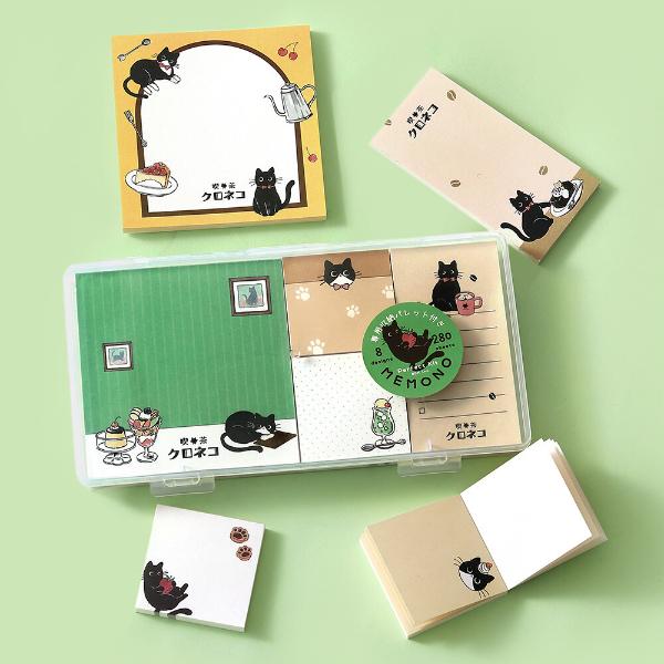 メモパッドセット「MEMONO」専用の収納パレットがついた人気のメモパッドセット♪大中小、３サイズで8柄×35枚で280枚の大ボリューム！伝言メモや、手帳に貼って楽しめます。黒猫/ネコ/喫茶/カフェ/コーヒー/パフェ/チェックリスト/メモ/...