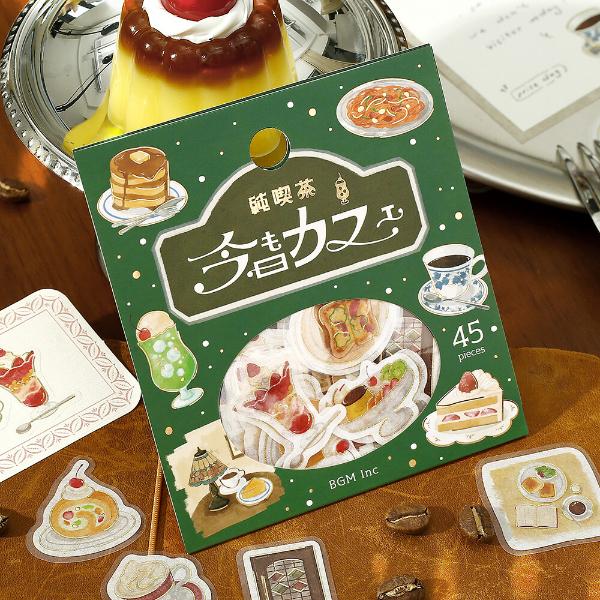 パッケージも可愛い♪コンセプト別にデザインされたカフェモチーフのシール。BGMのかわいい箔押しフレークシール。日記や手帳を可愛く彩ります。純喫茶/レトロ/ショートケーキ/メロンソーダ/コーヒー/ロールケーキ/パンケーキ/サンドイッチ/パフェ...