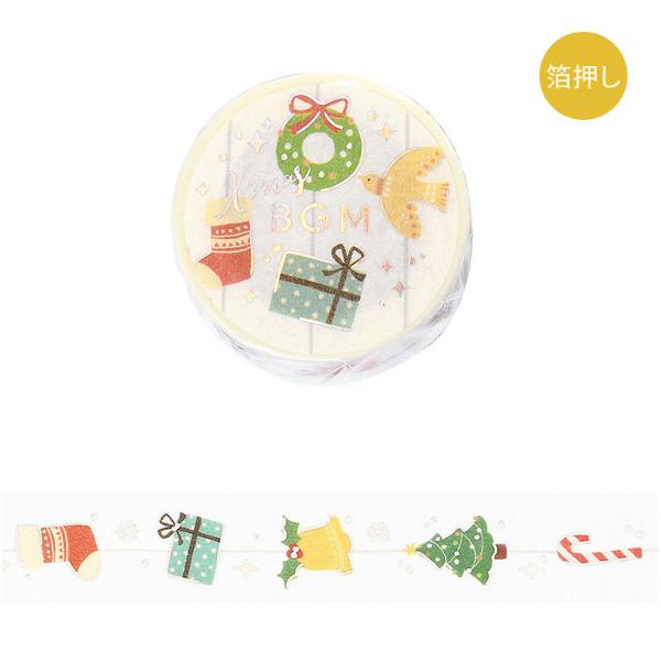 BGMのクリスマス限定マスキングテープ。心温まるクリスマスのお供に。手帳やノートのデコはもちろん、ラッピング、プチプレゼントにもぴったり。オーナメント/クリスマス/縦デザイン/ツリー/ギフトボックス/ソックス/雪/結晶/■サイズ：幅15mm...