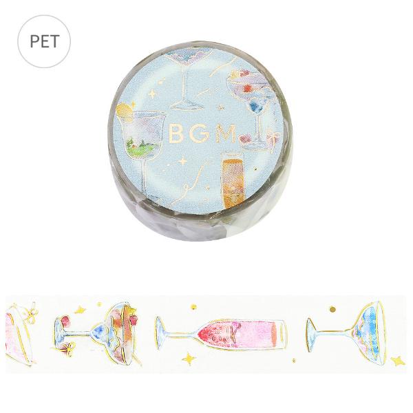 クリア感が可愛いBGMの透明テープ、豪華な箔押しバージョン！透明の素材に貼ると透け感がさらに可愛いです。様々な形のグラスに注がれた空の風景が美しいデザイン。柄ごとに切ってシールのような使い方も出来ます。手帳やラッピングはもちろん、ガラスやア...