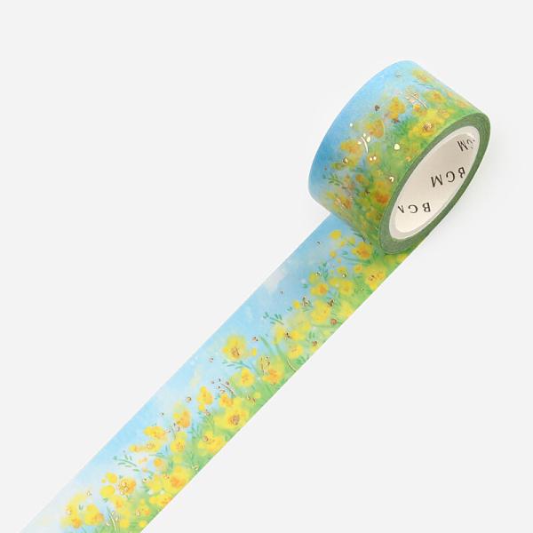 菜の花畑のような見渡す限りの黄色いお花と青い空が気持ちのいいデザインです。手帳やメッセージカードのデコなどに。可愛い、綺麗な手描き水彩画が多いBGMのマステ。ラベルはシールの形にして、PPペーパーの中にテープ本体と一緒にラッピング。■サイズ...