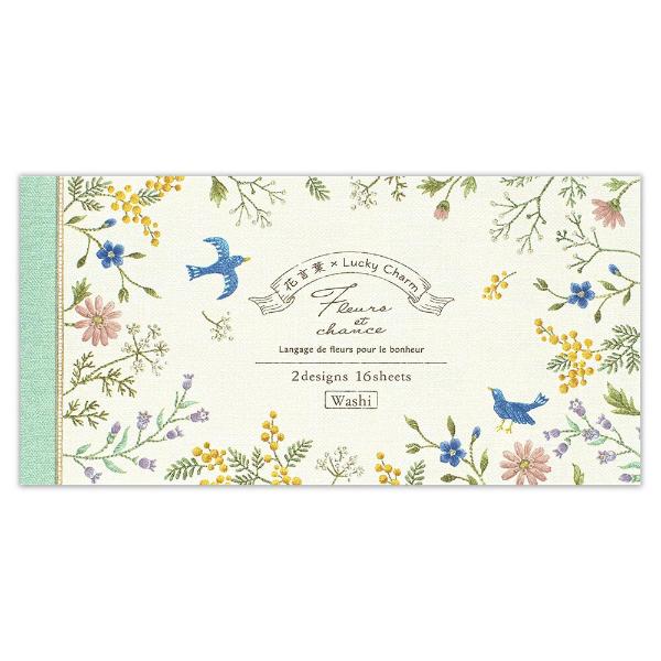 Fleurs et chance　-フルール・エ・シャンス-花言葉からセレクトした花たちとラッキーチャームを描いた一筆箋。レイアウトが異なる2柄アソートで、気分を変えてお楽しみいただけます。短いメッセージや、贈り物に添えて送るのにも便利なサ...