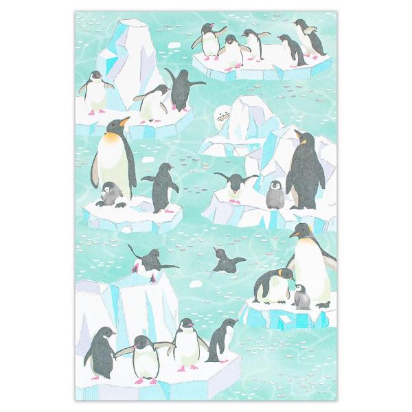 キラキラ輝くホログラム箔が夏の風景を彩るポストカード。流氷の上に乗ったペンギンたちが賑やかなデザインです。季節の挨拶やお部屋のインテリアとして飾るのにもオススメです。コウテイペンギン/ペンギン/アザラシ/風景/ハガキ/暑中お見舞い/残暑見舞...