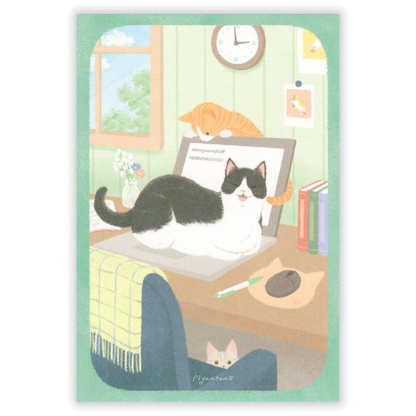 作業中のパソコンの上にどっしり座り込む猫ちゃん。猫ちゃんあるあるな風景を描いたほっこりするデザインです。メッセージを贈るだけでなく、お部屋のインテリアとして飾るのにもオススメです。ハチワレ/ネコ/ハガキ/郵便枠なし■サイズ：100×148m...