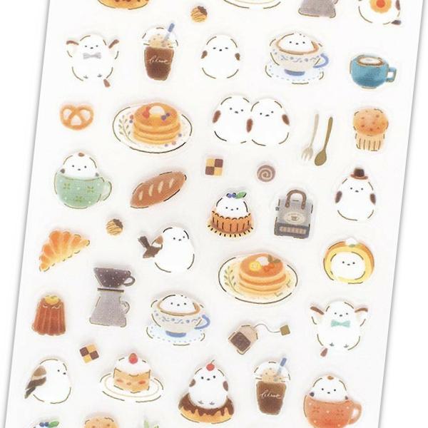 金箔が輝く透明シールです。暮らしのモチーフとまったりする動物たちがテーマになっています。色紙やメッセージカード、お手紙のワンポイントなどにも。シマエナガ/カフェ/コーヒー/パンケーキ/パン/ドーナツ/カヌレ/ケーキ/クロワッサン/絵柄付き透...