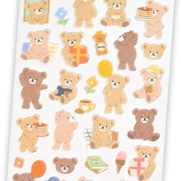不織布の風合いと手触りが優しい、きらりと金箔が輝くシールです。ぬいぐるみのような可愛いクマさんの休日を描いたデザイン。色紙やアルバム、お手紙のデコなどに♪クマ(熊)/テディベア/アイス/パンケーキ/誕生日/お祝い/ギフトボックス/読書/睡眠...