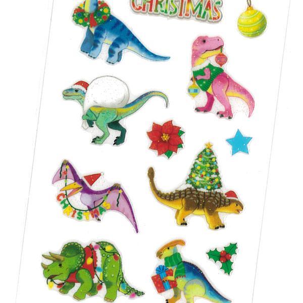 恐竜たちがクリスマスの準備に大忙し！クリスマスカードのデコなどに♪厚盛りインクの中に混ぜた細かい粒子のラメがキラキラ光ってとても引き立ちます。紙製シールやフィルム製シールと違って、台紙の上のインクと糊の固まりをはがして貼るタイプ。曲面にも貼...