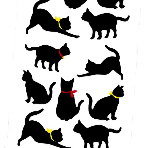 紙製のシールに透明フィルムが貼ってあり、少し光沢感のあるシールです。色々な姿勢の黒猫ちゃんのシルエットが楽しめます。赤や黄色のスカーフがお洒落♪■台紙サイズ：H165×W60mm素材：紙■生産国：日本奥山商会