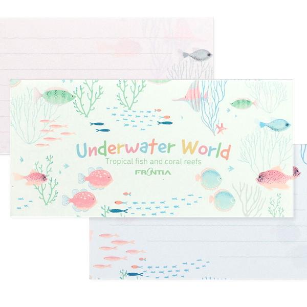 南の海のサンゴ礁の中を、カラフルな熱帯魚たちが群れ泳ぐかわいいデザイン。夏のお便りにぴったりです。２デザイン、横罫線入り。短いメッセージや、贈り物に添えて送るのにも便利なサイズの一筆箋。一筆箋自体をプレゼントにしても♪■サイズ：約W170×...