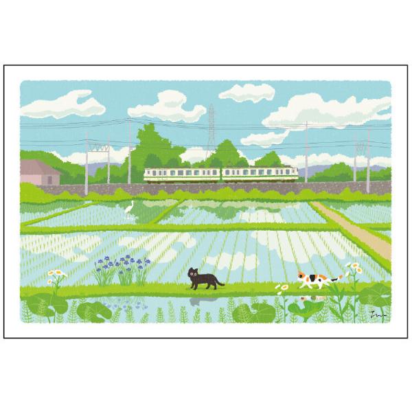 日本の四季の風景を旅している猫「たびねこ」の可愛いポストカードシリーズです。ねこたちと一緒に小さな旅を楽しみながら、のどかな風景を満喫しませんか。夏のお便りやコレクションに。黒猫/三毛猫/田んぼ/電車/ハガキ/イラスト：もりとしのり紙の厚み...