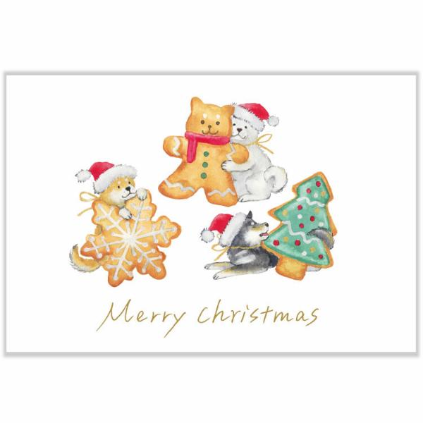 "しばいぬとおやつ"シリーズでおなじみの人気イラストレーター「村田なつか」さんのクリスマスカードです。サンタ帽をかぶった柴犬たちとクリスマスツリーや雪の結晶のジンジャークッキー。MerryChristmas/柴犬/黒柴/白柴/ハガキ/紙の厚...