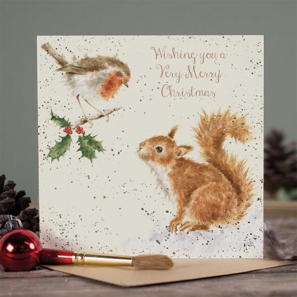 "Wishing you a Very Merry Christmas"表紙に金箔押し加工の文字が入った、美しい動物イラストのクリスマスカードです。"Robin and Squirrel"（コマドリとリス）しっかりとした厚みと温かみのある紙...