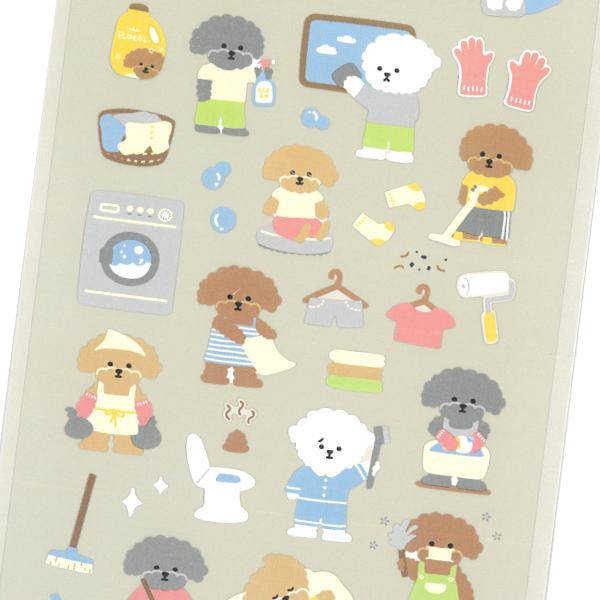 もふもふのワンちゃんたちが大掃除！換気したり掃除機をかけたり。ちょっと珍しくて可愛い掃除モチーフ。スワテリエは、ひとつひとつのアイコンがアイデアたっぷりにデザインされたシリーズです。お気に入りを手帳やノート、カードにたくさん貼って楽しもう。...