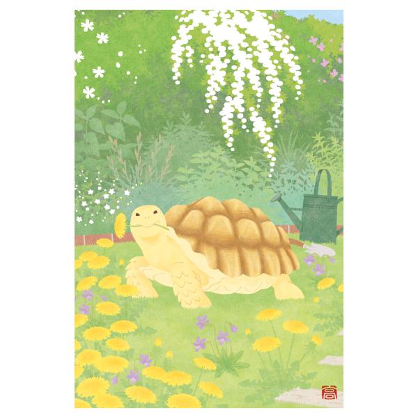 当店のオリジナルポストカードコレクション。お部屋に飾っても可愛い、動物たちのイラストカードです。よく手入れされたお庭と、タンポポを咥えるリクガメを描いたデザインです。ニコニコご機嫌そうな亀の表情に思わずほっこり。春のお便りやコレクションに。...
