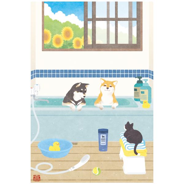 当店のオリジナルポストカードコレクション。お部屋に飾っても可愛い、動物たちのイラストカードです。たっぷり遊んで土まみれになった柴犬たちが、バスタブで大人しくシャワー待ち。「シャワーしないと、だめ…？」そんな視線を感じる１枚です。夏のお便りや...