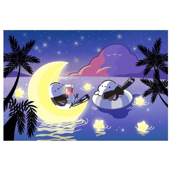 当店のオリジナルポストカードコレクション。お部屋に飾っても可愛い、動物たちのイラストカードです。南国の海で、ムーディーな夜を楽しむシマエナガたち。穏やかな海のさざ波の音が聴こえてきそうです。夏のお便りやコレクションに。シマエナガ/野鳥/南国...
