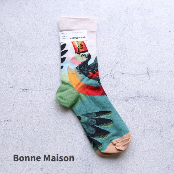 Bonne Maison　ボンヌメゾン クルーソックス 2026SS 靴下 フランス製　レディース 36/38(22-24cm)EV701印象的なトロピカルバードを大胆に描いた、アート性あふれる一足。 鮮やかなオレンジやレッド、グリーンのコ...